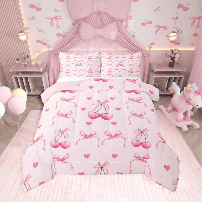 Manfei Cartoon Bow Tie 3-Piece Full Size Comforter Sets,Kawaii Cherry ...