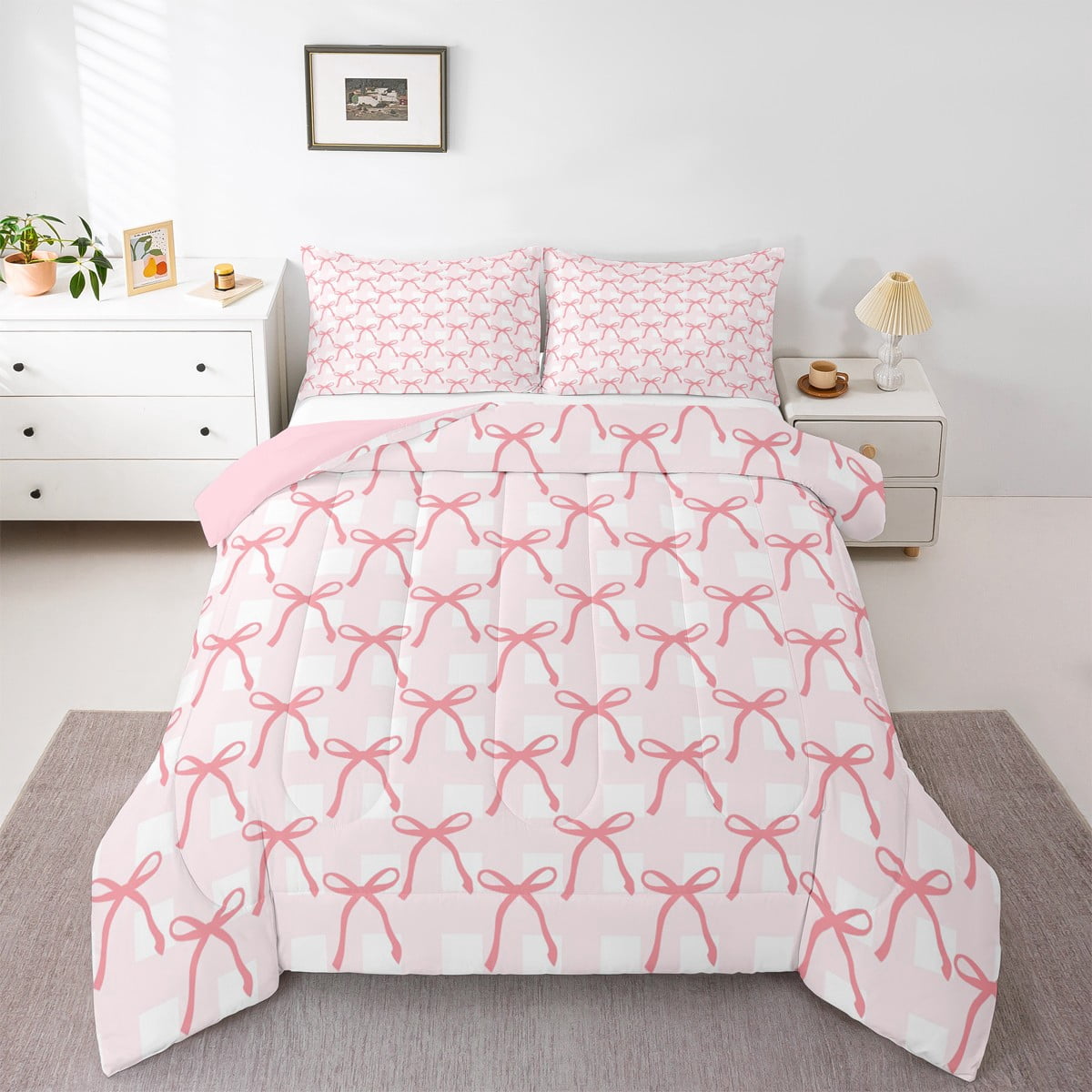 Manfei Cartoon Bow Tie Bedding Comforter Set,Pink Geomwtric Plaid Twin ...