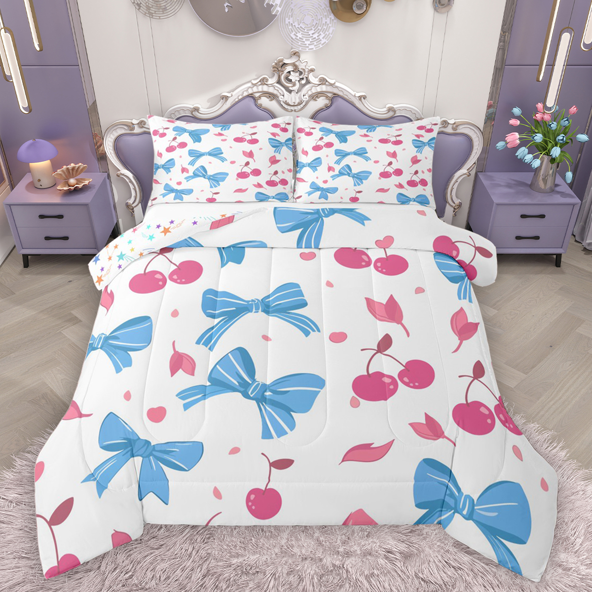 Manfei Cartoon Bowknot Cherry Bedding Comforter Set for Kids, White ...