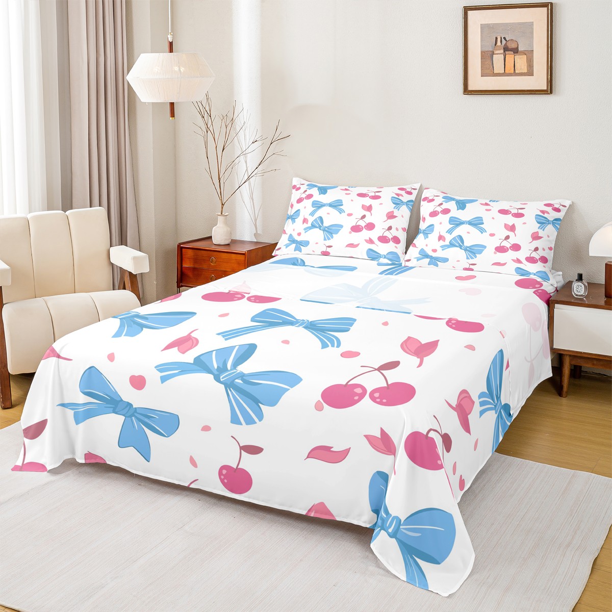 Homewish Cartoon Bowknot Cherry Full Size Sheets for Kids, White Blue ...