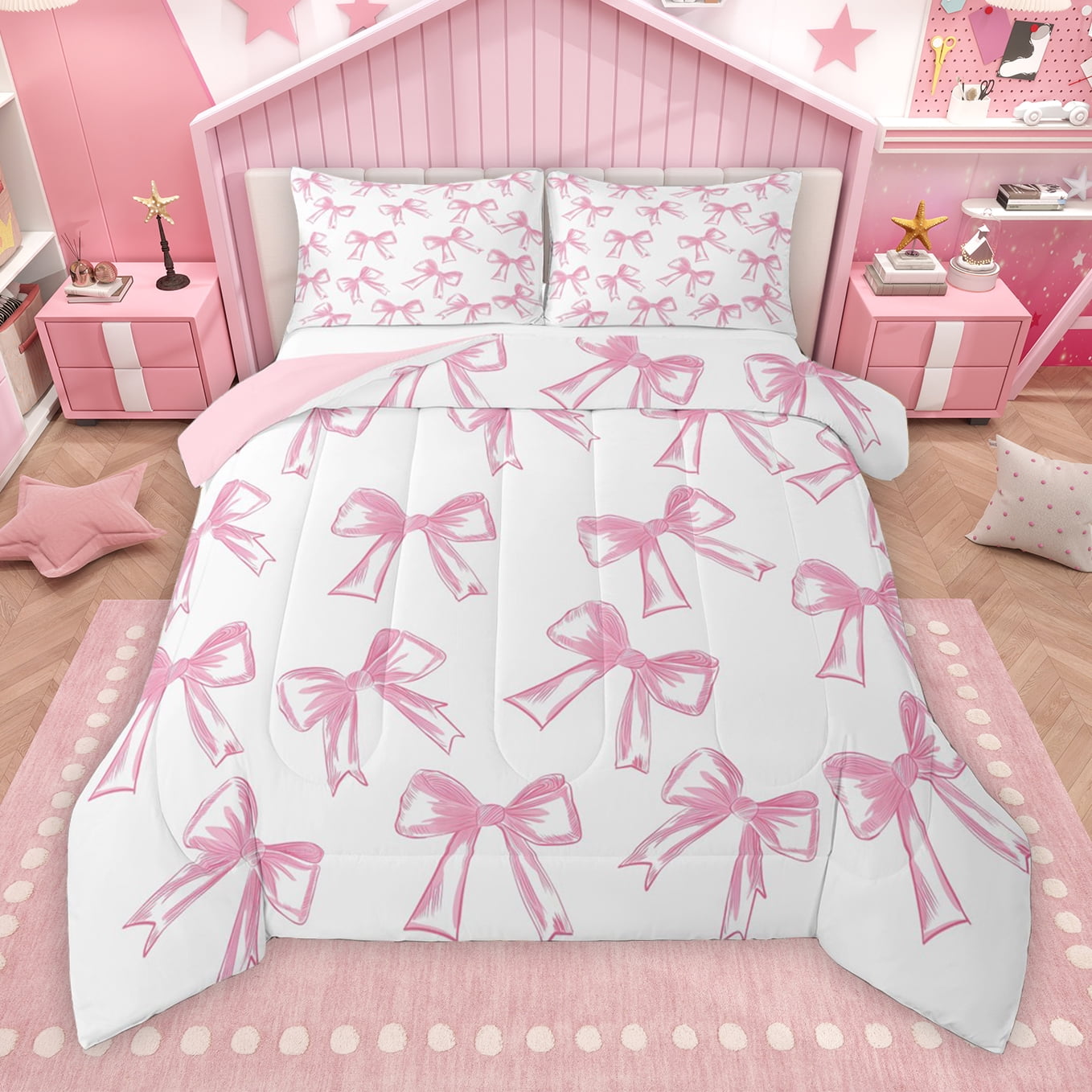 Manfei Cartoon Bowknot Girls Queen Comforter Set, White Pink Princess ...