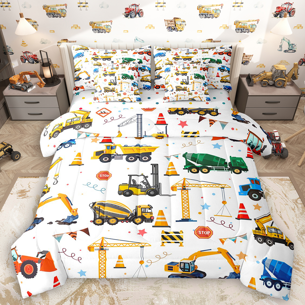 Manfei Cartoon Bulldozer Excavator Twin Bedding Sets 7pcs, Boys ...