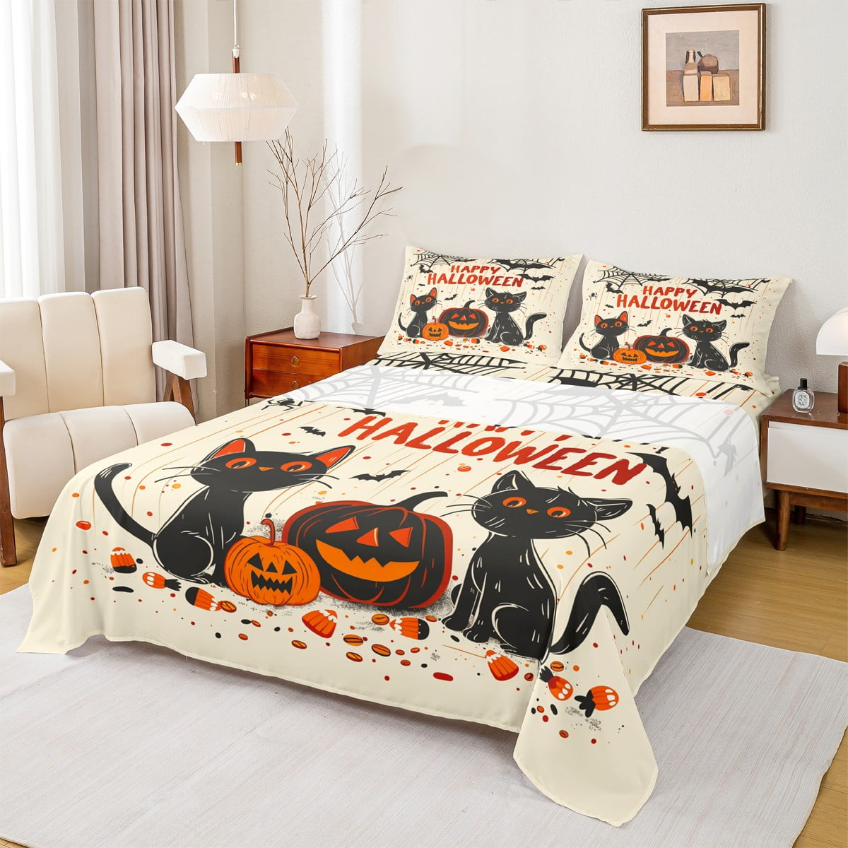 Manfei Cartoon Cat Kitten Full Size Sheets,Happy Halloween Bed Sheets ...