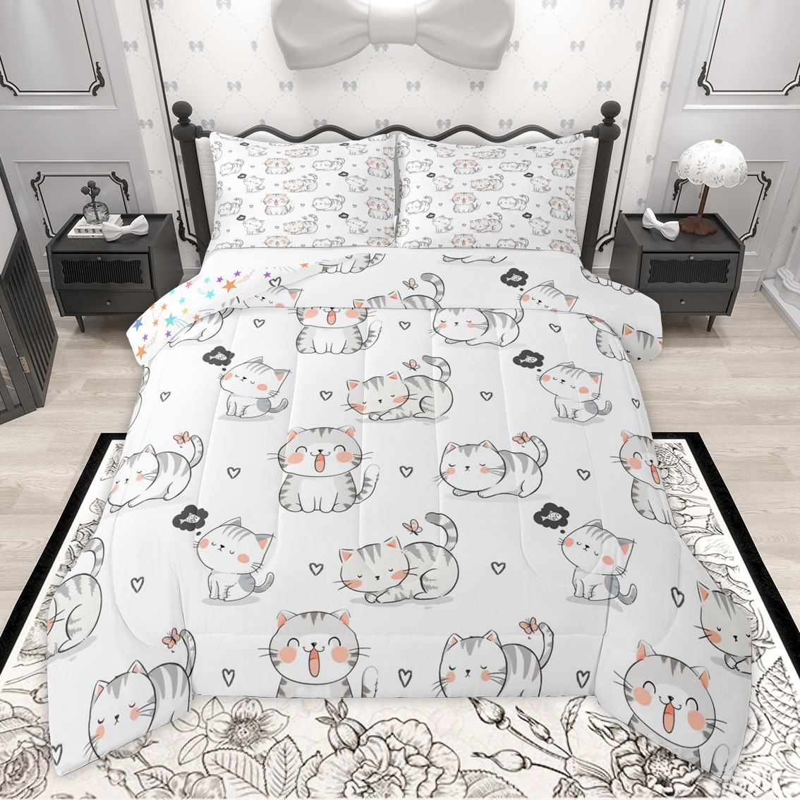 Manfei Cartoon Cats 3 Pieces Queen Comforter Set for Preppy Children ...