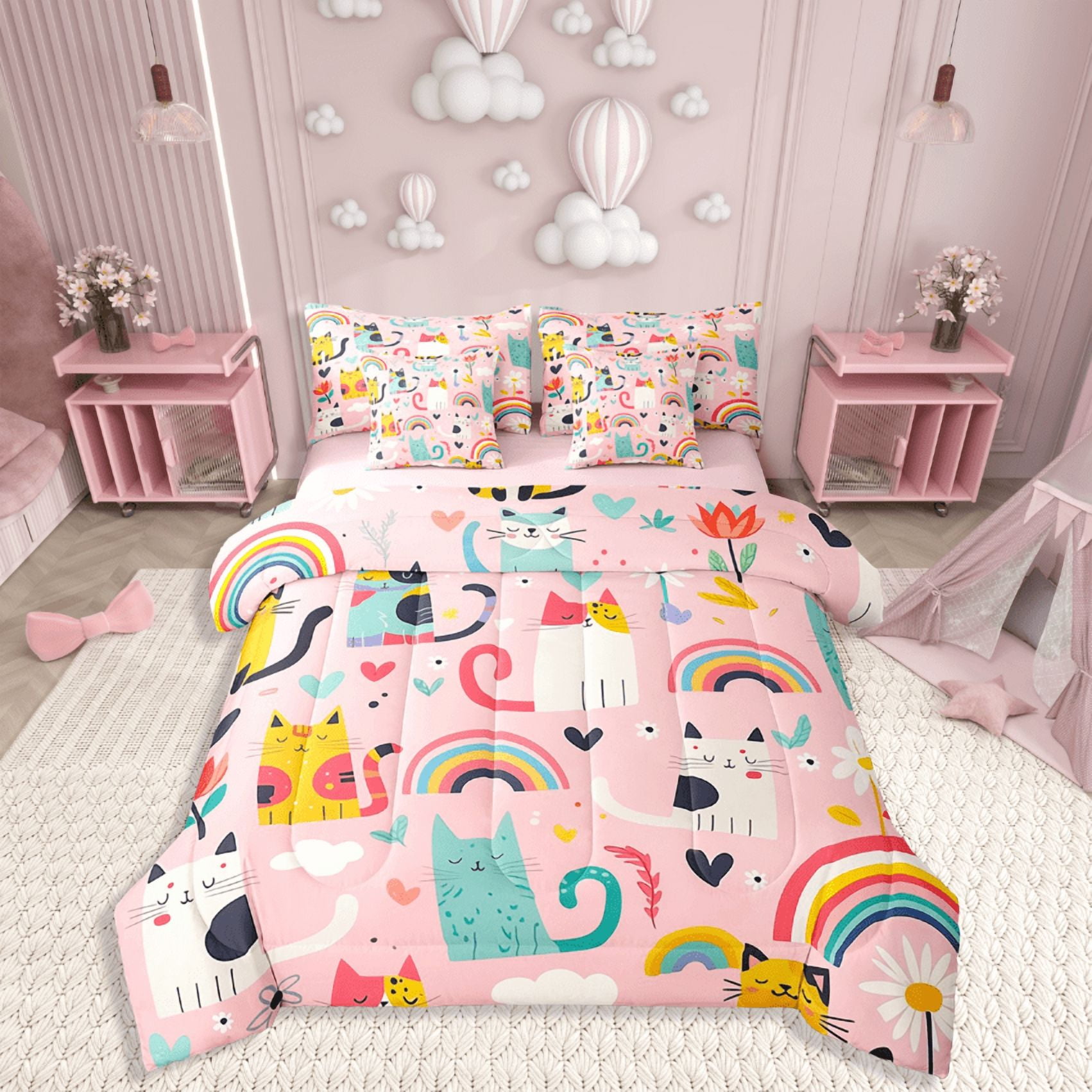 Manfei Cartoon Cats 7-Piece Bedding Comforter Set,Kawaii Animal King ...