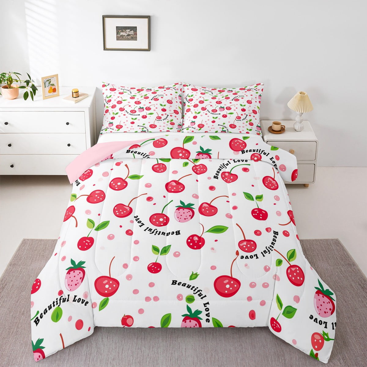 Manfei Cartoon Cherry Bedding Comforter Set for Teen, Pink Strawberry ...