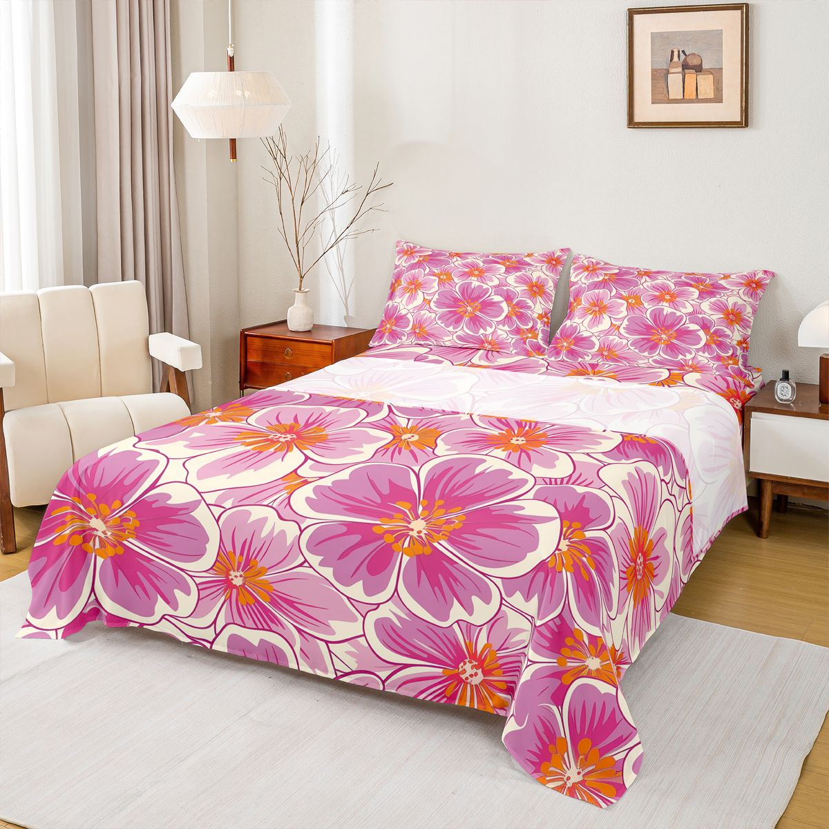 Manfei Cartoon Cherry Blossoms Full Size Sheets for Girls, Pink Flower ...