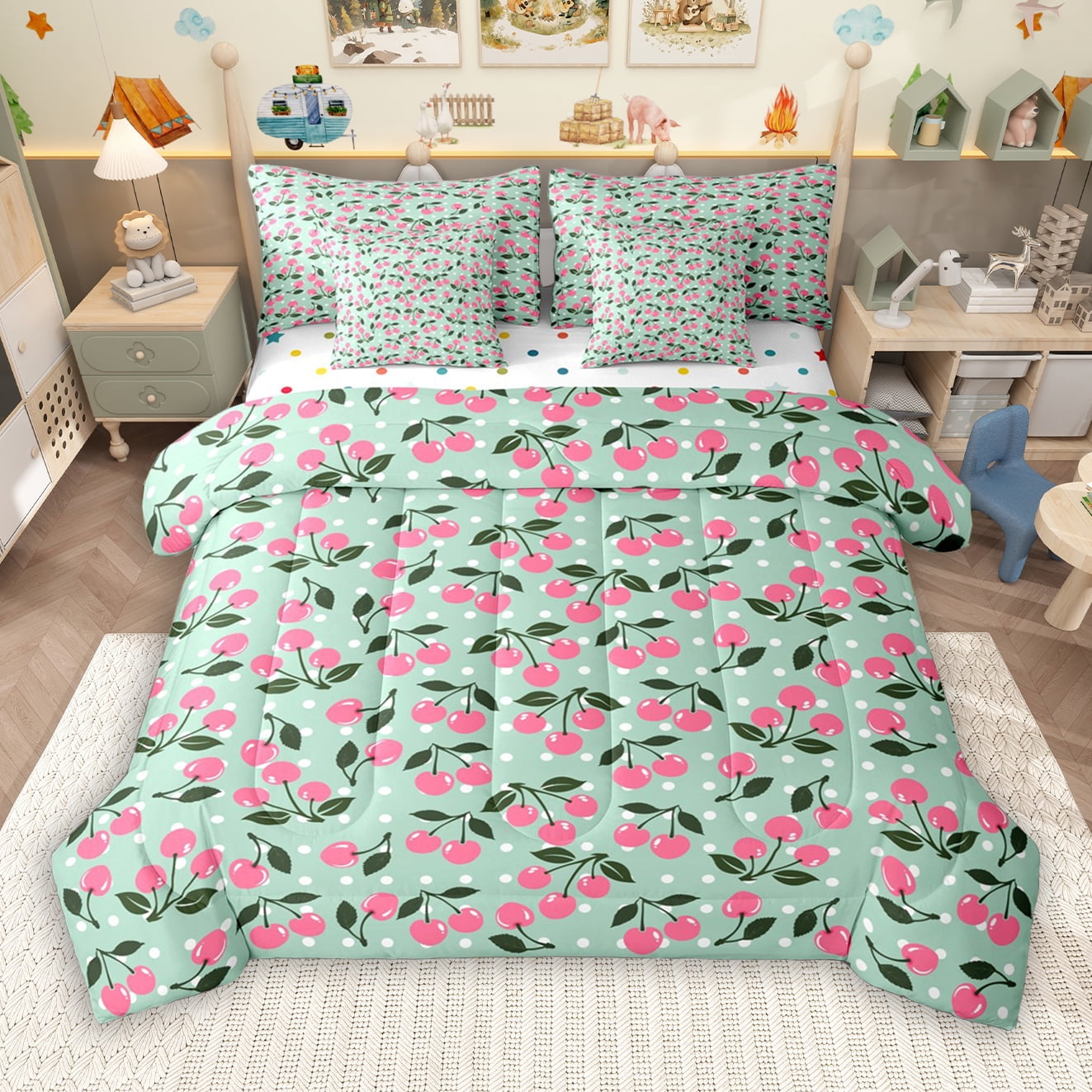 Manfei Cartoon Cherry Child 7 Pieces Bedding Comforter Set, Green Pink ...