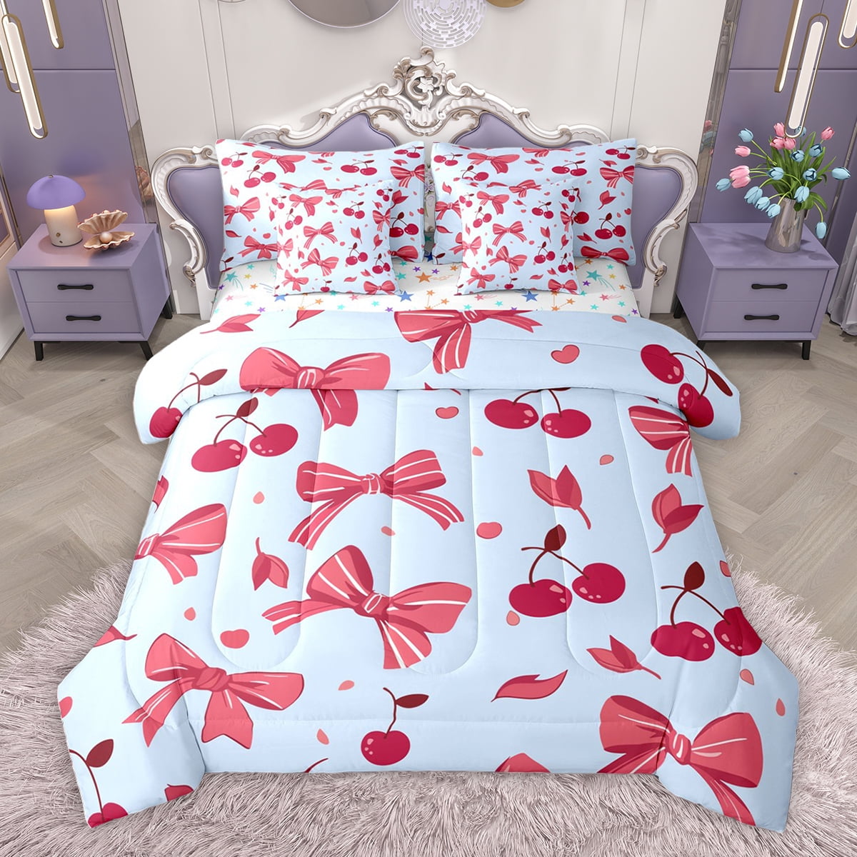 Homewish Cartoon Cherry Fruit Queen Comforter Set for Kids, Blue Red ...