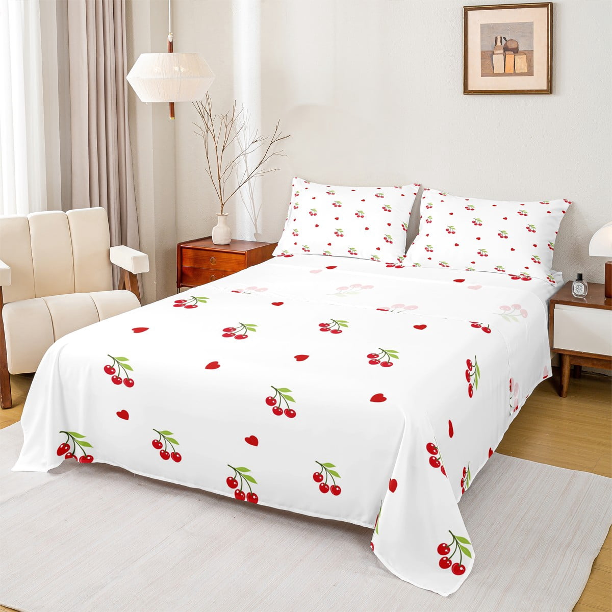 Manfei Cartoon Cherry Queen Sheet Sets, Love Heart Bed Sheets Queen ...