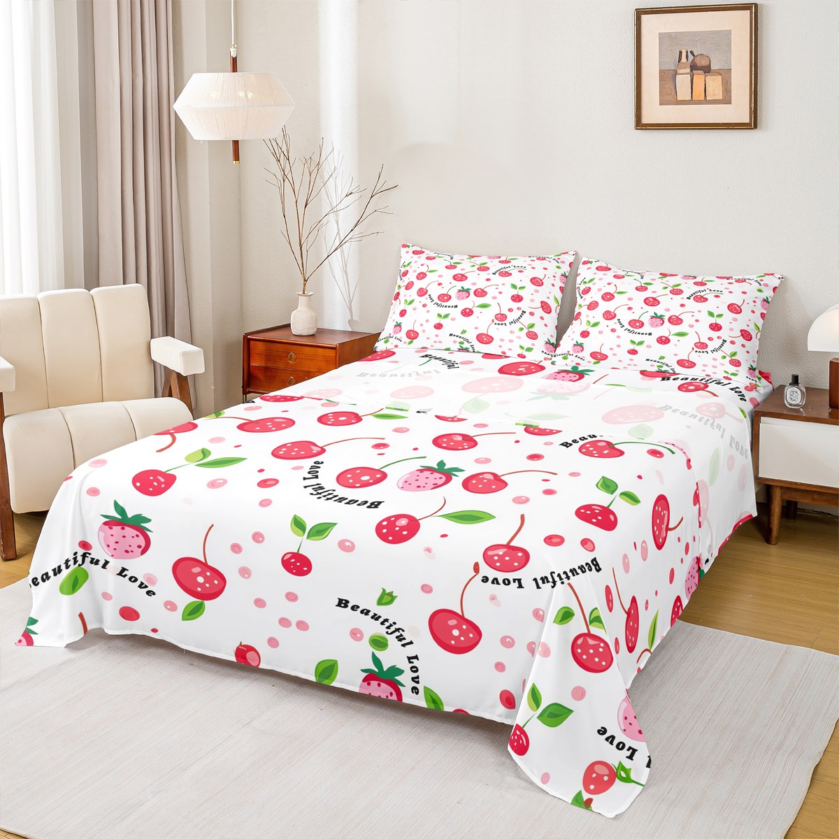 Manfei Cartoon Cherry Queen Sheet Sets for Teen, Pink Strawberry Print ...