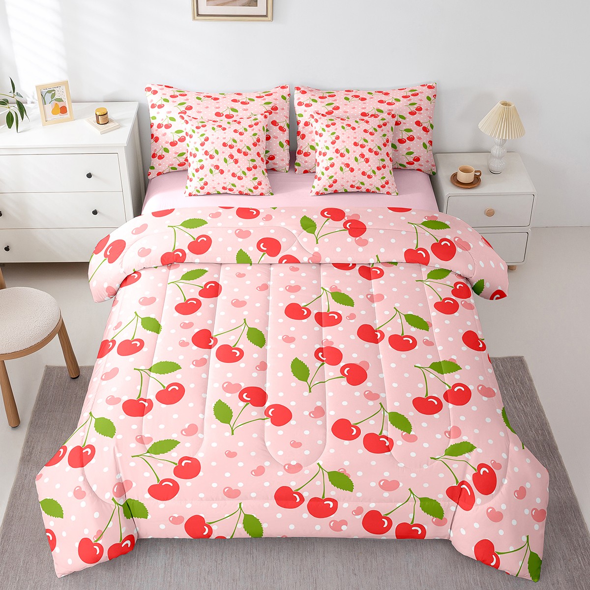 Feelyou Cartoon Cherry Twin Bedding Sets 7-Piece, Cute Love Heart ...