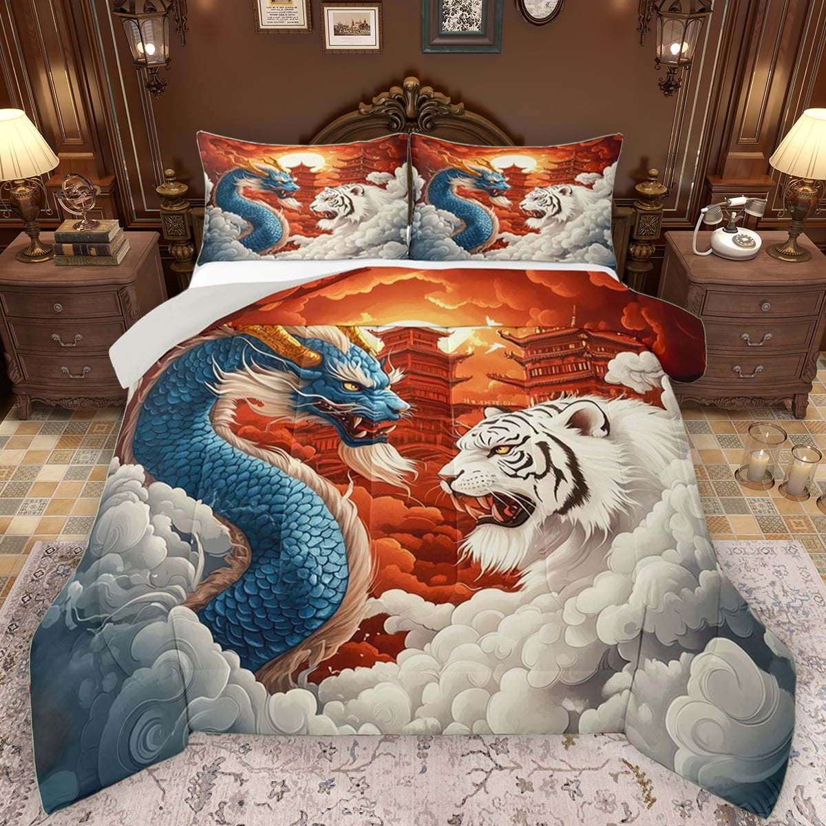 Manfei Cartoon Chinese Dragon Full Size Comforter Sets, White Tiger ...
