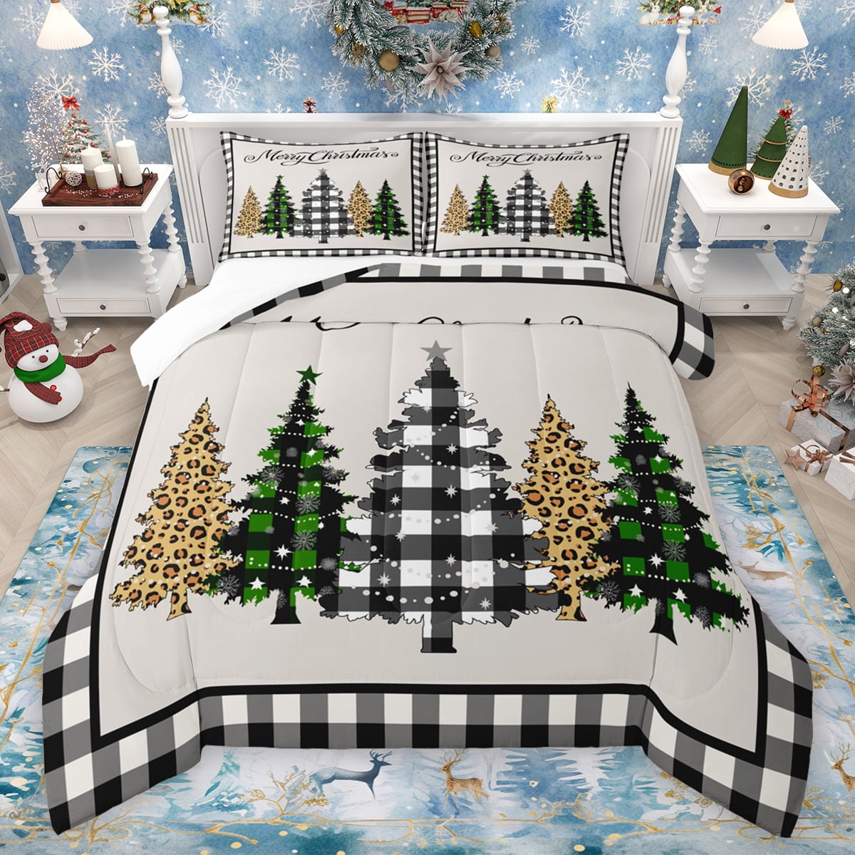 Manfei Cartoon Christmas Tree Queen Comforter Set,Leopard Print Bedding ...