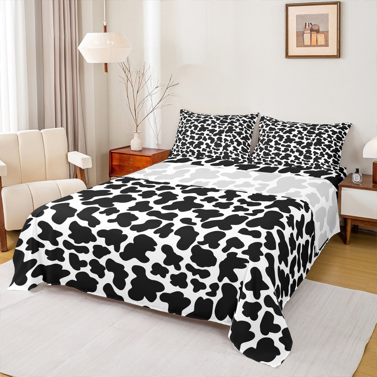 Manfei Cartoon Cow Print Bed Sheets,Cattle Pattern King Sheets,White ...