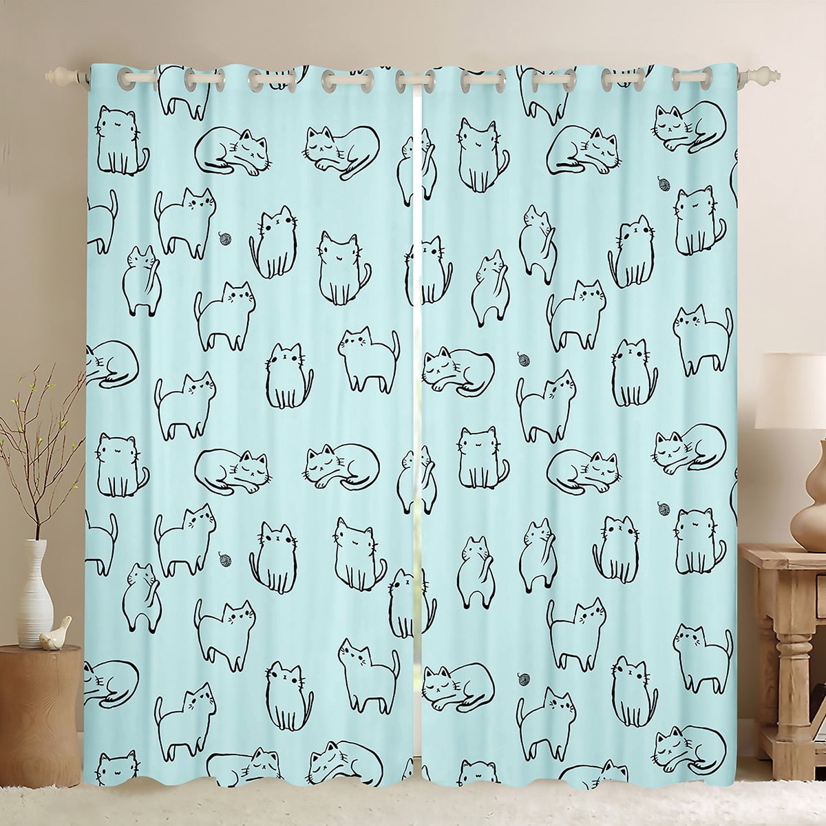 Manfei Cartoon Cute Cat Curtains Pack of 2 (42x84 Each), Kawaii Blue ...