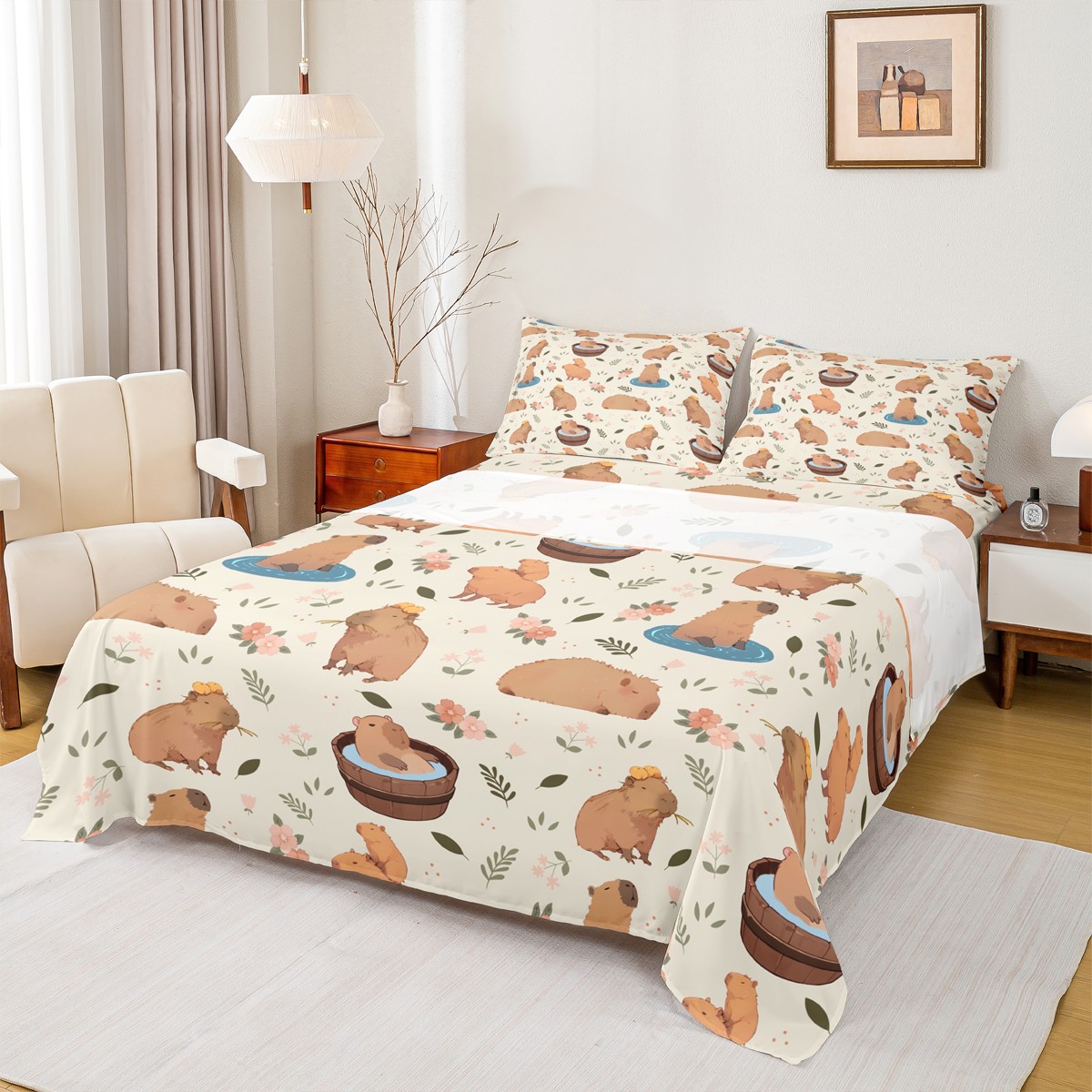 Manfei Cartoon Cute Kapibara Full Size Sheets,Brown Animal Capybara Bed ...
