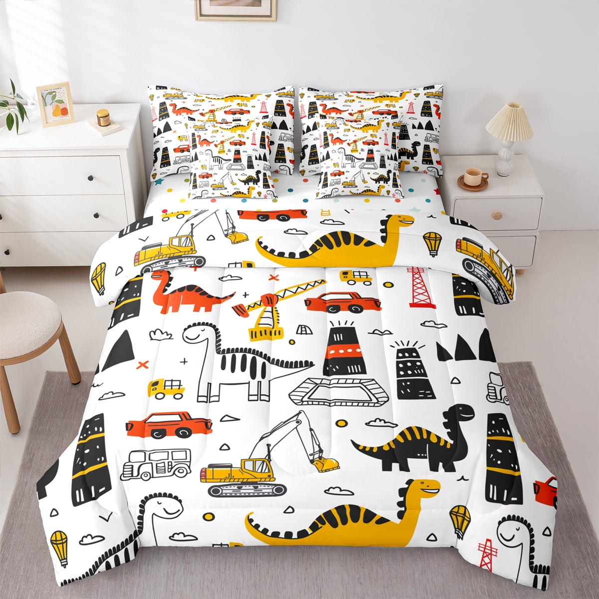 Manfei Cartoon Dinsaur 7pcs Bedding Comforter Set,Construction Vehicles ...