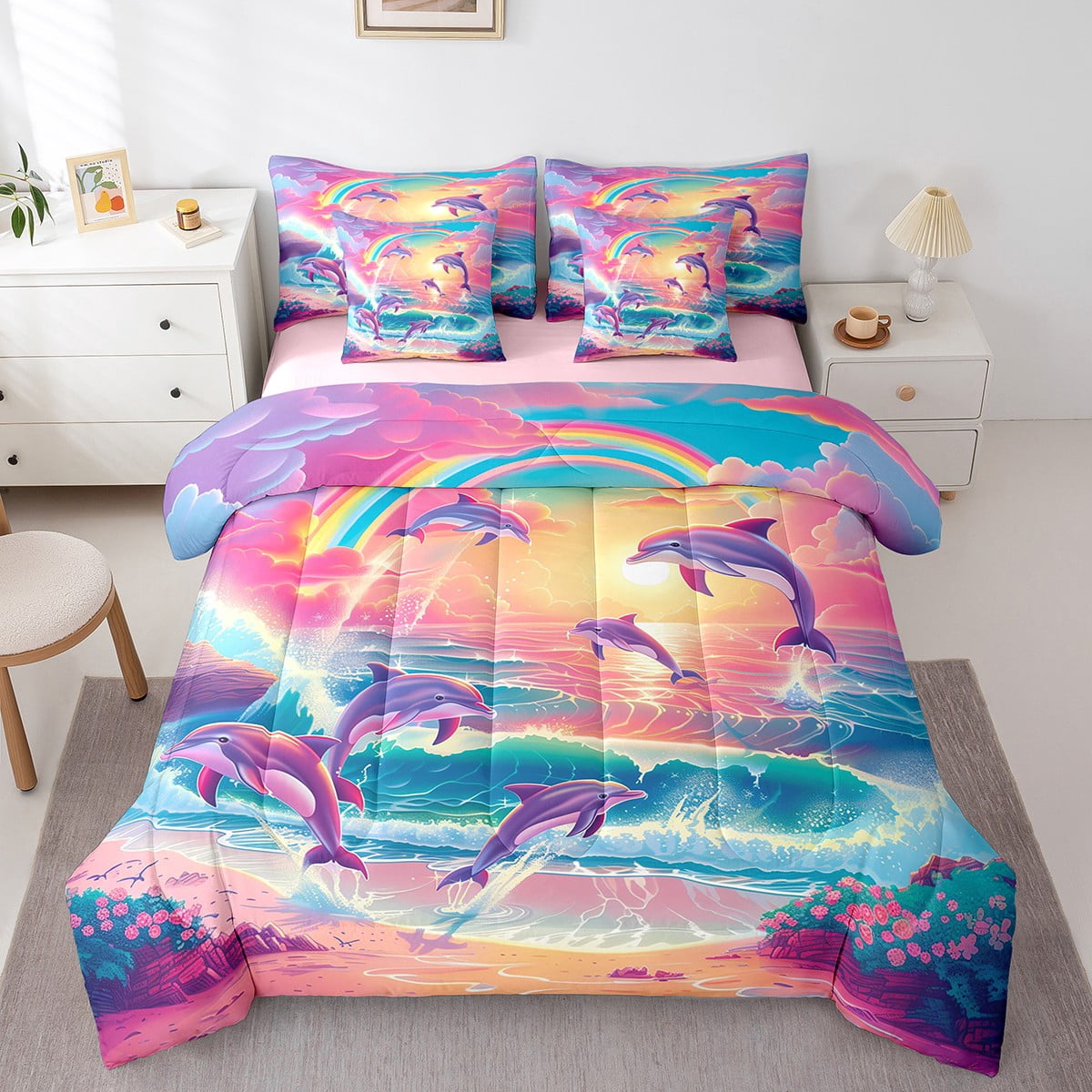 Manfei Cartoon Dolphin Bed in a Bag King Size,Ocean Sea Beach Bed Set ...