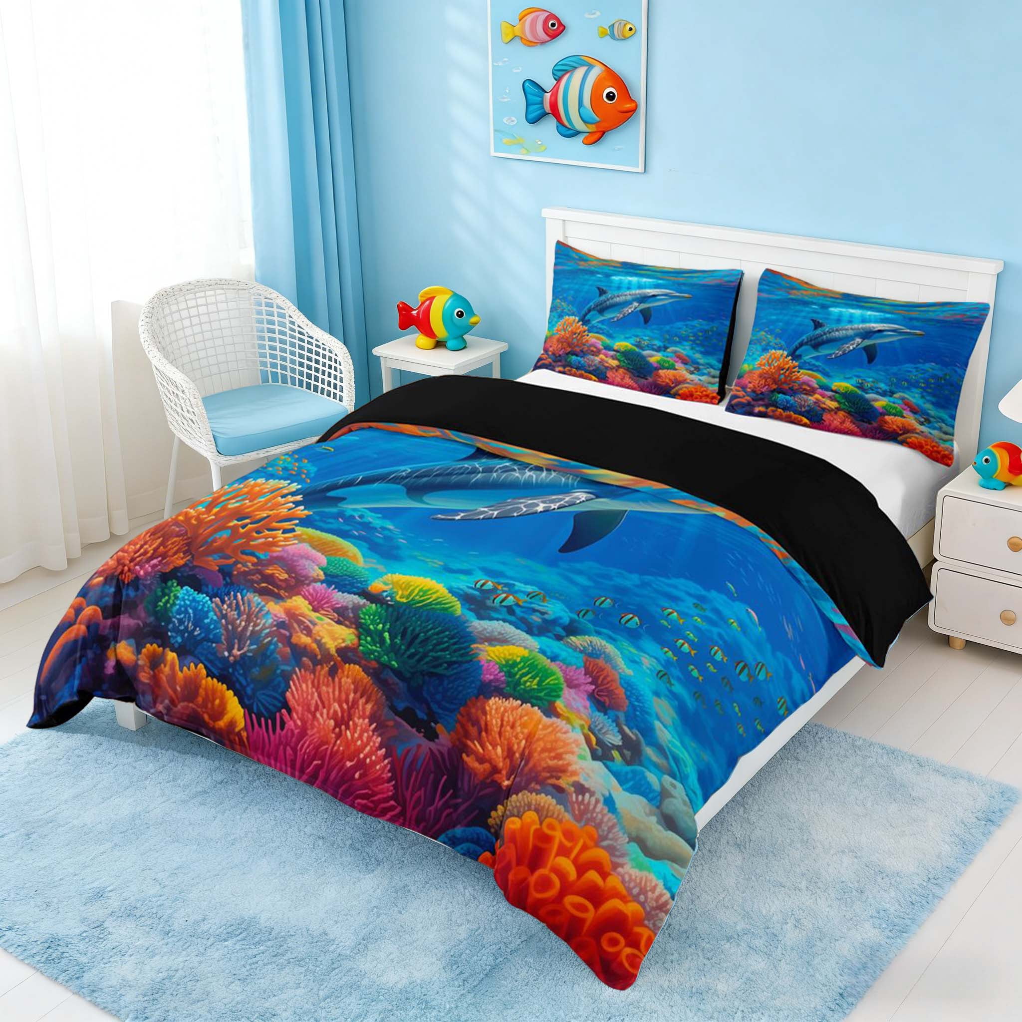Manfei Cartoon Dolphin Duvet Cover Set for Kids Boys and Girls, Ocean ...