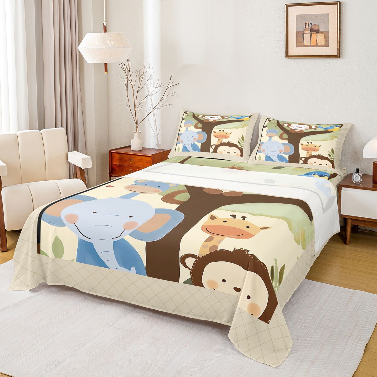 Manfei Cartoon Elephant Giraffe Monkey 4 Pieces Queen Sheet Sets for ...