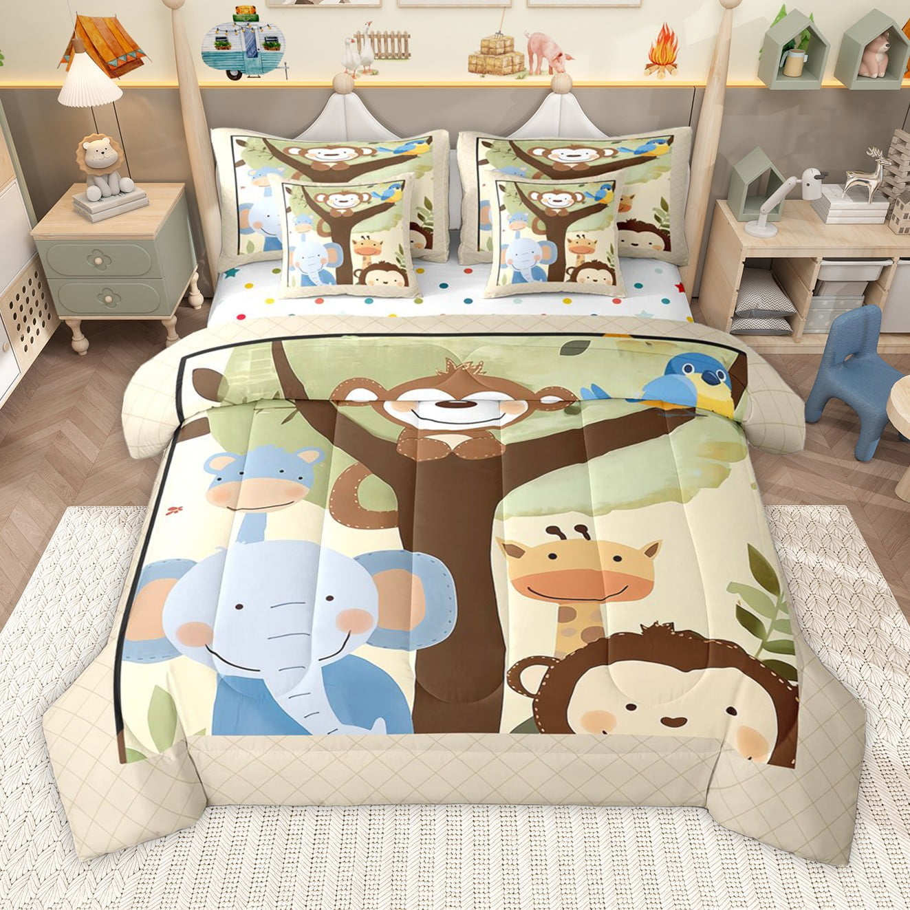 Manfei Cartoon Elephant Giraffe Monkey 7-Piece Twin Bedding Sets for ...