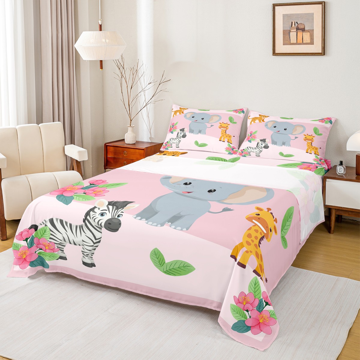 Manfei Cartoon Elephant Zebra Queen Sheet Sets,Cute Zoo Animal Flat ...