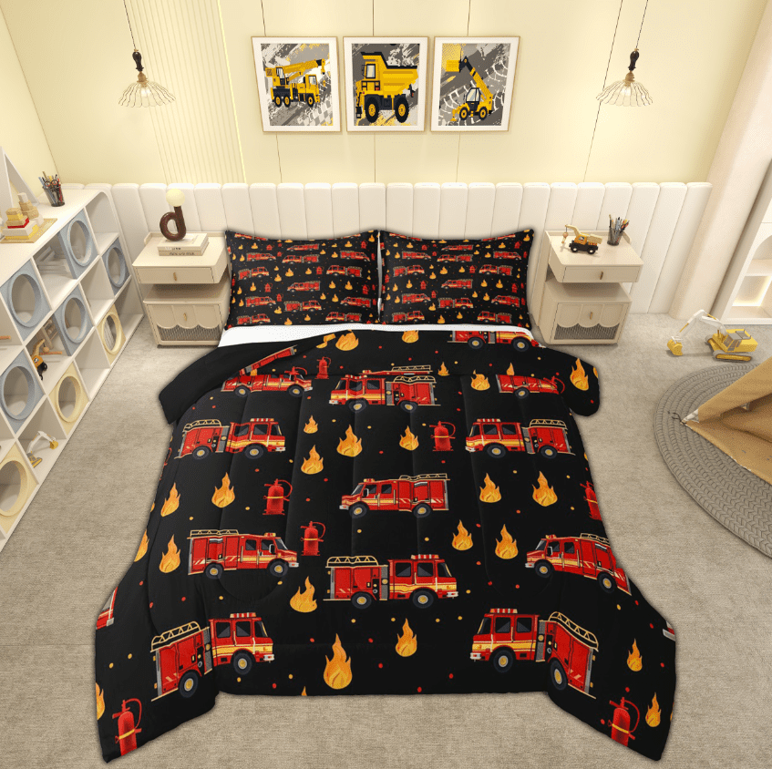 Manfei Cartoon Fire Truck Queen Comforter Set for Teens, Fireman Car ...