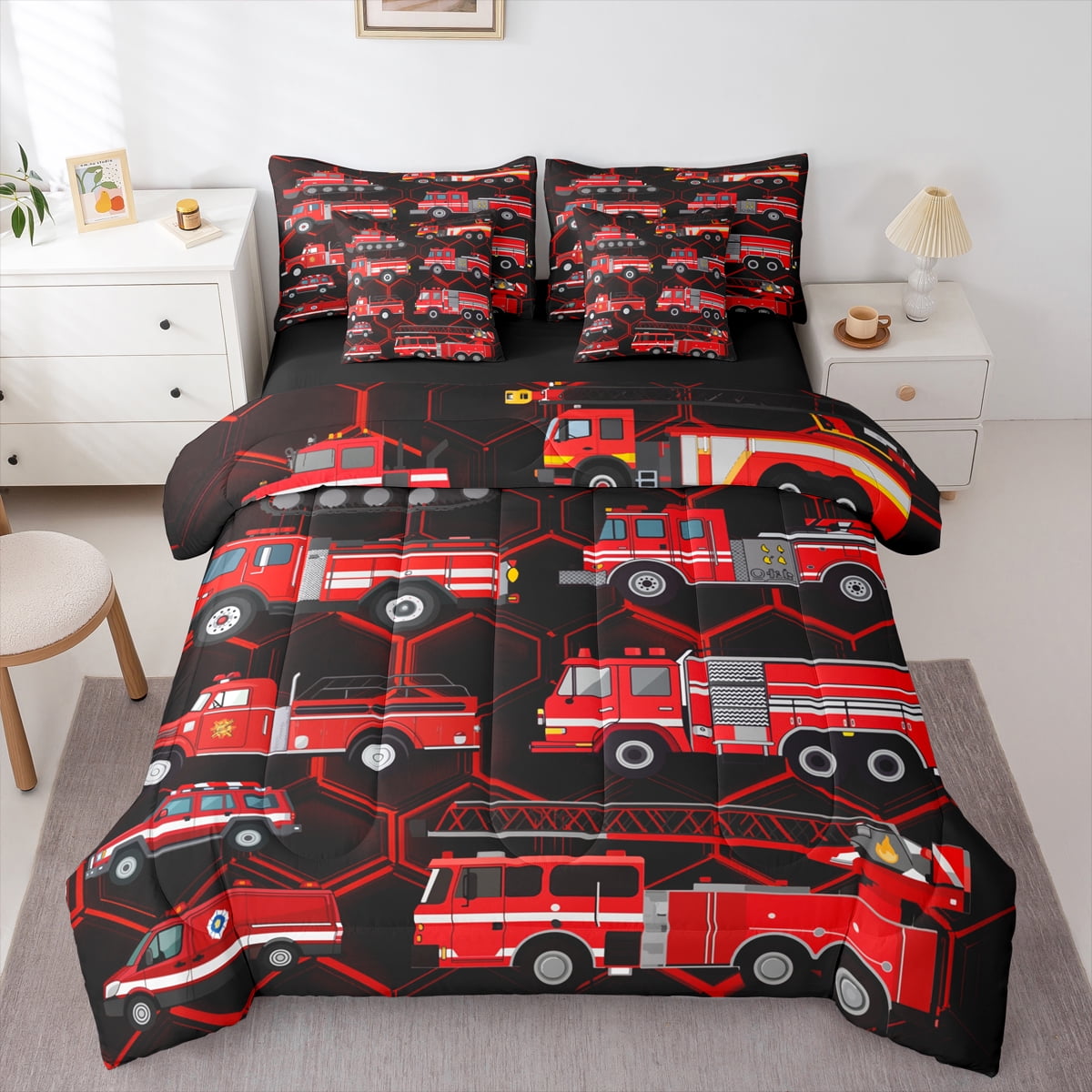 Manfei Cartoon Fire Truck Twin Bedding Sets 7-Piece for Teens, Fireman ...