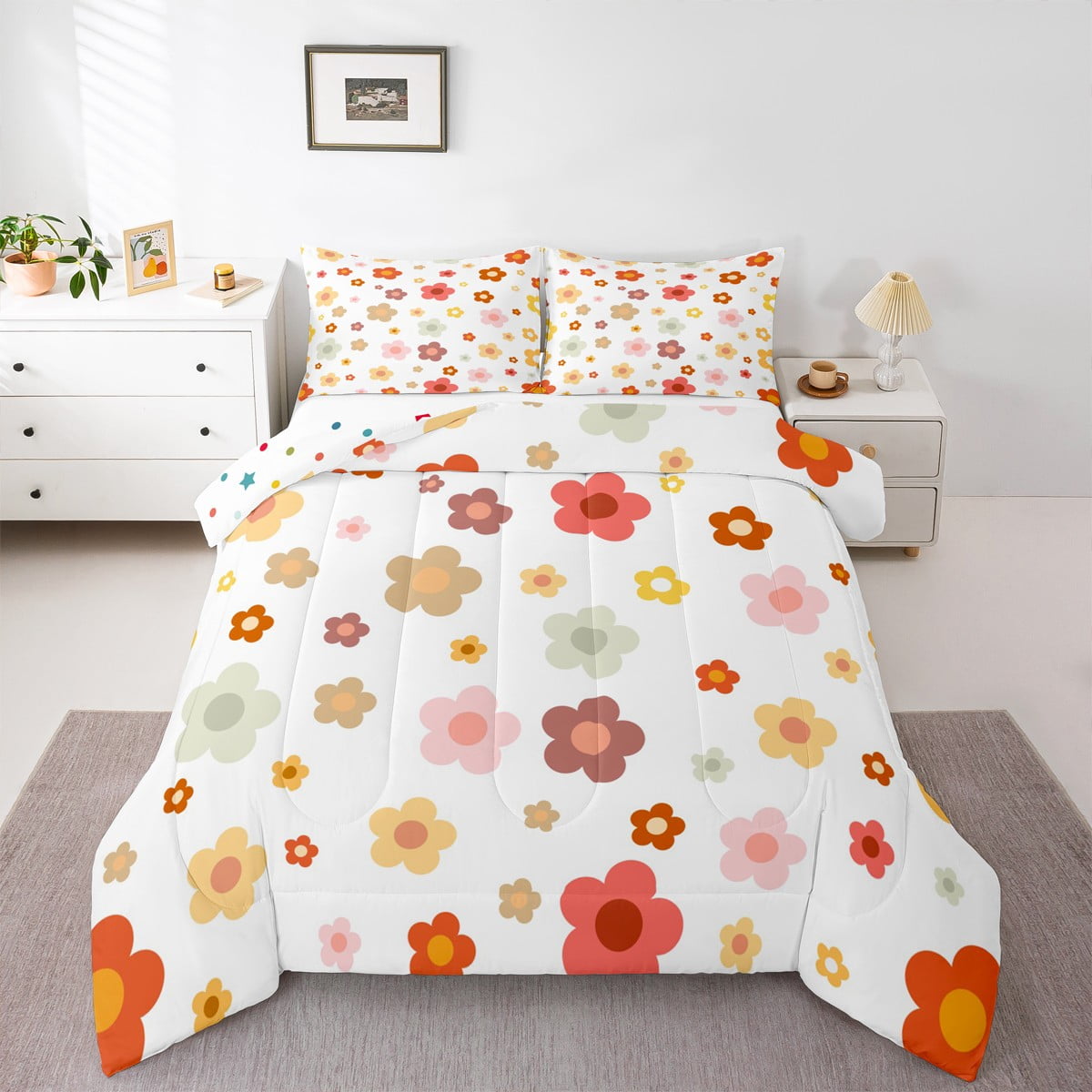 Manfei Cartoon Flower Full Size Comforter Sets, Rustic Farmhouse Floral ...