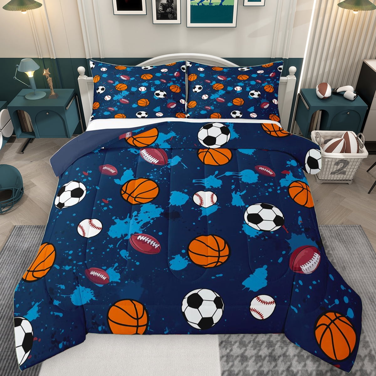 Manfei Cartoon Football Basketball Queen Comforter Set, Soccer Rugby ...