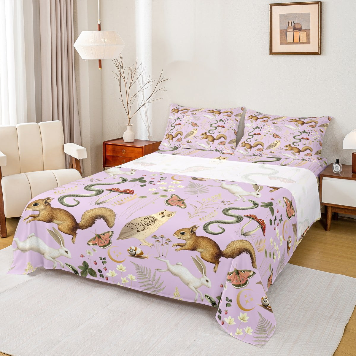 Manfei Cartoon Fox Owl Animal Bed Sheets, Rustic Plant Botanical King ...