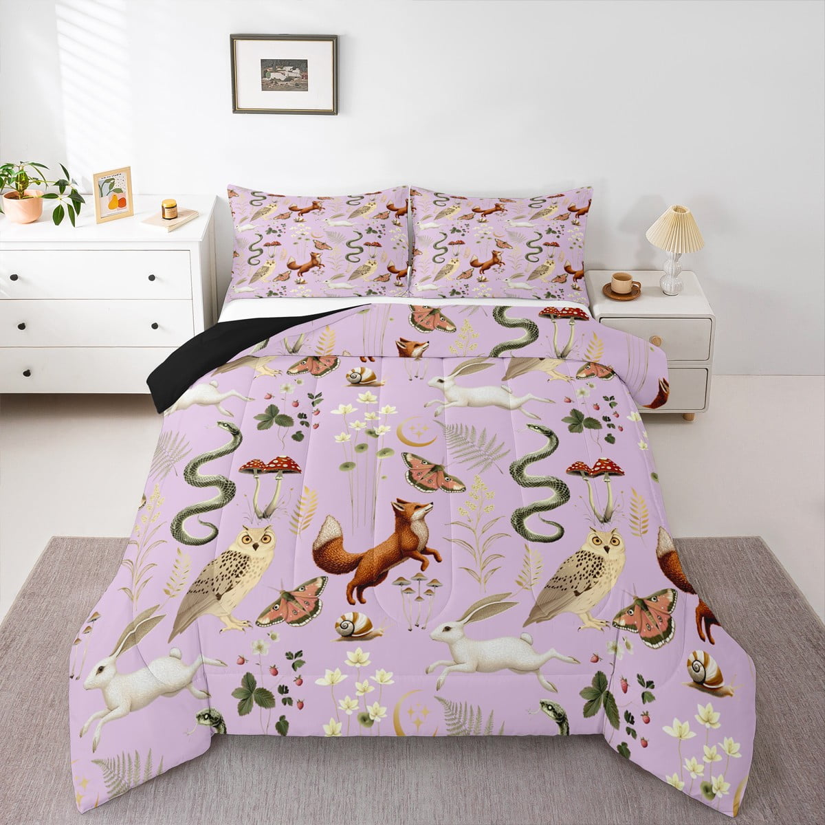 Manfei Cartoon Fox Owl Animal Bedding Comforter Set, Rustic Plant Botanical Twin Comforter Sets ...