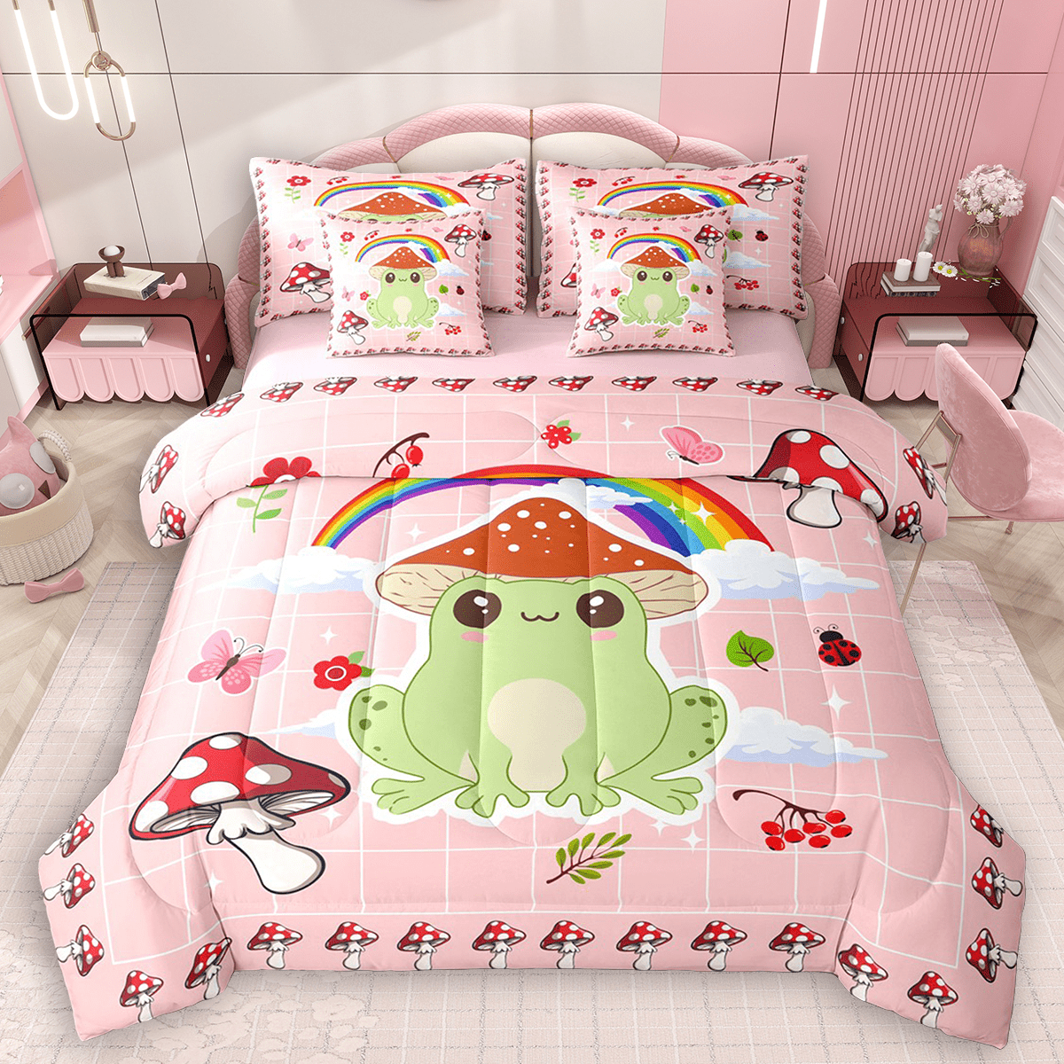 Manfei Cartoon Frog Bedding Comforter Set 7pcs for Kids, Kawaii Rainbow ...