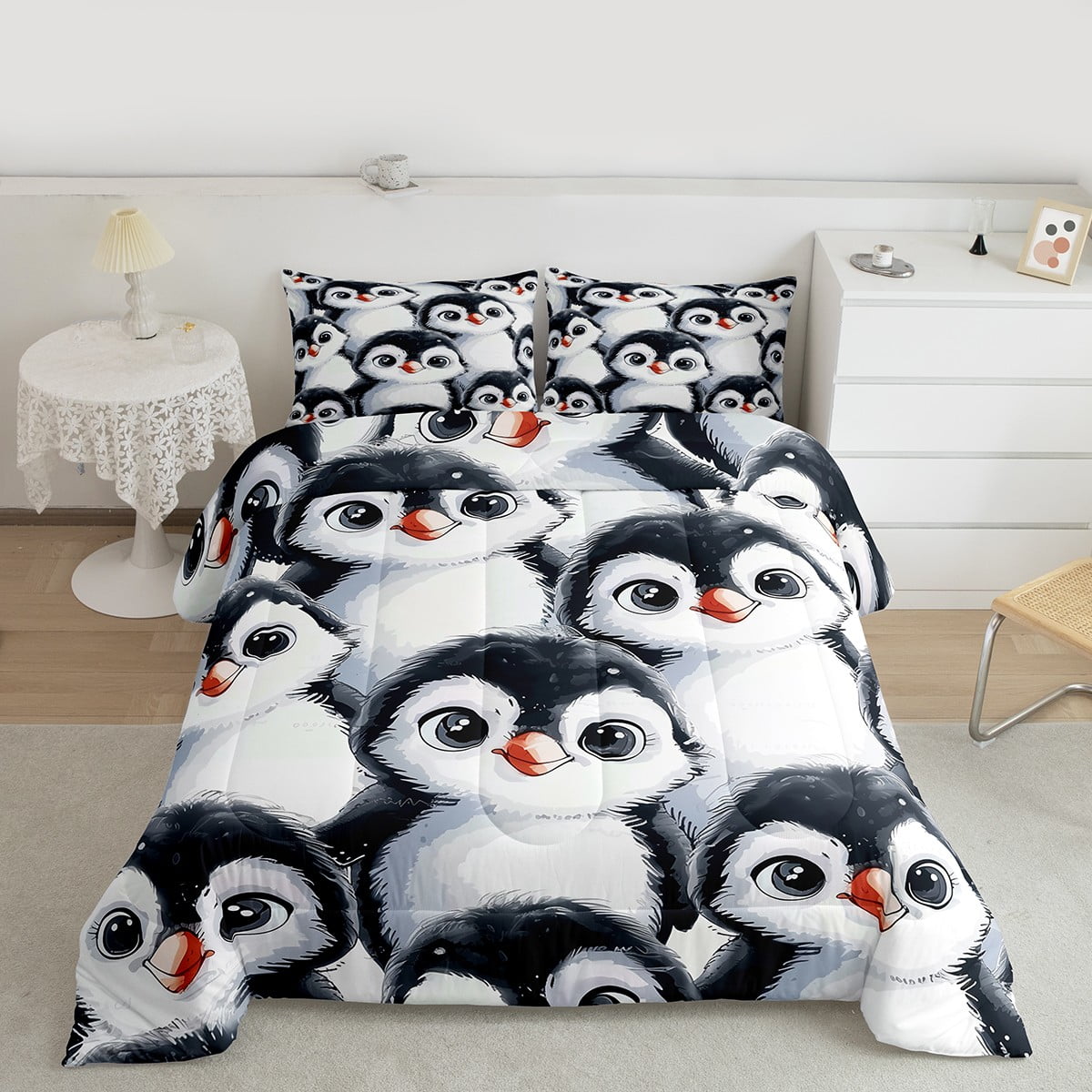 Manfei Cartoon Funny Penguin Queen Comforter Set for Kid, Black Grey ...