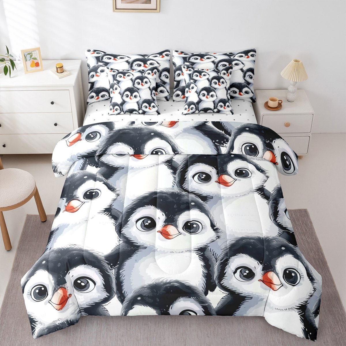 Manfei Cartoon Funny Penguin Twin Bedding Sets 7-Piece for Kid, Black ...