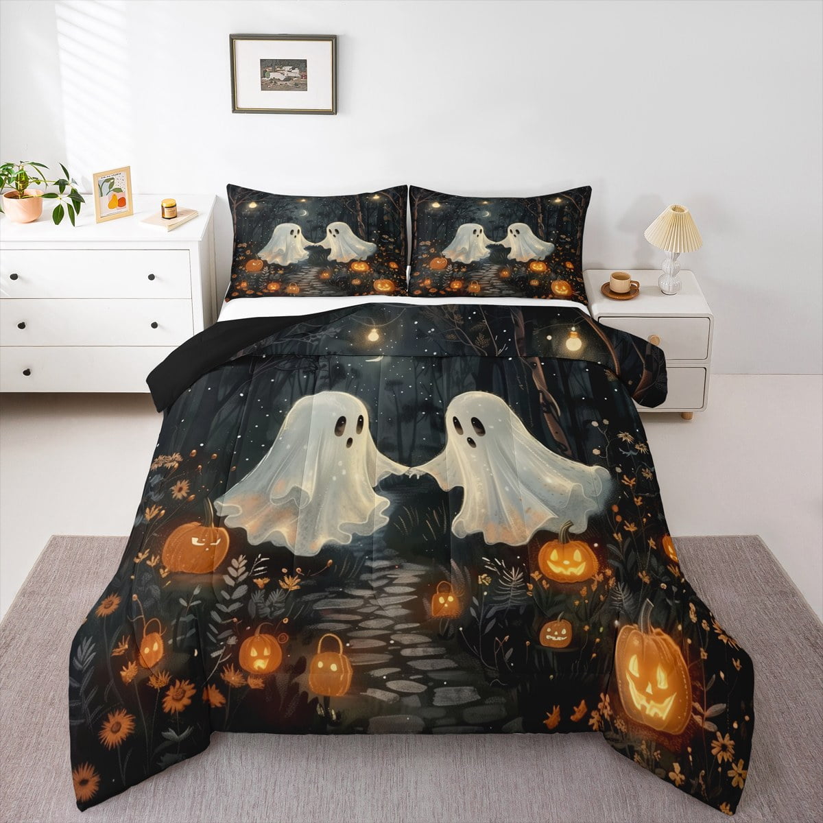 Manfei Cartoon Ghost 3 Pieces Queen Comforter Set,Floral Pumpkin Ultra ...