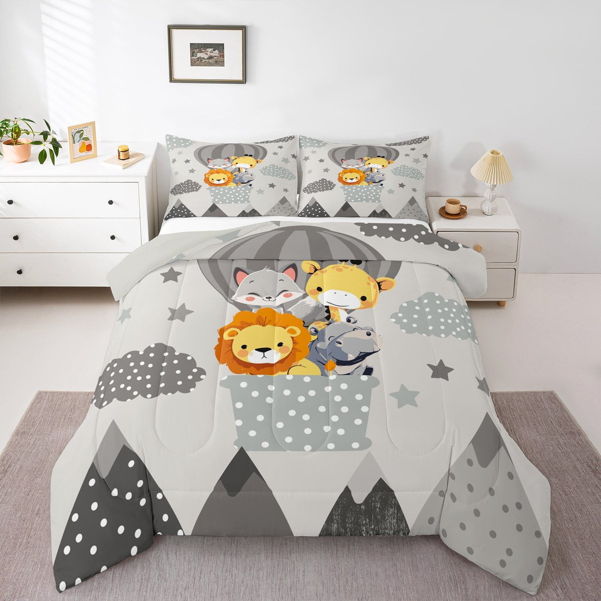 Manfei Cartoon Giraffe Lions Queen Comforter Set,Cute Fox Hippopotamus ...