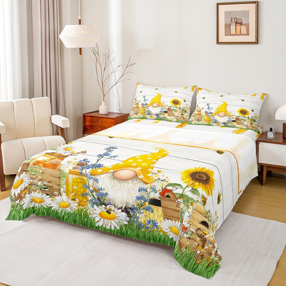 Manfei Cartoon Gnome Full Size Sheets,Rustic Sunflower Floral Bed ...