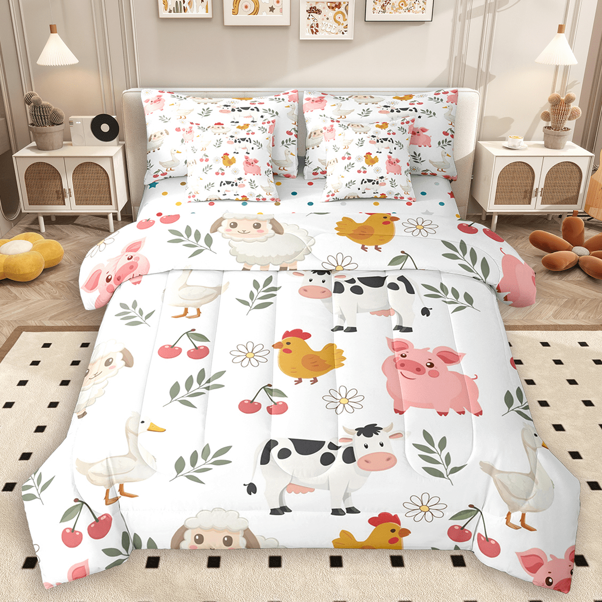 Manfei Cartoon Goose Pig Bedding Comforter Set 7 Pieces, Cute Cow Sheep ...