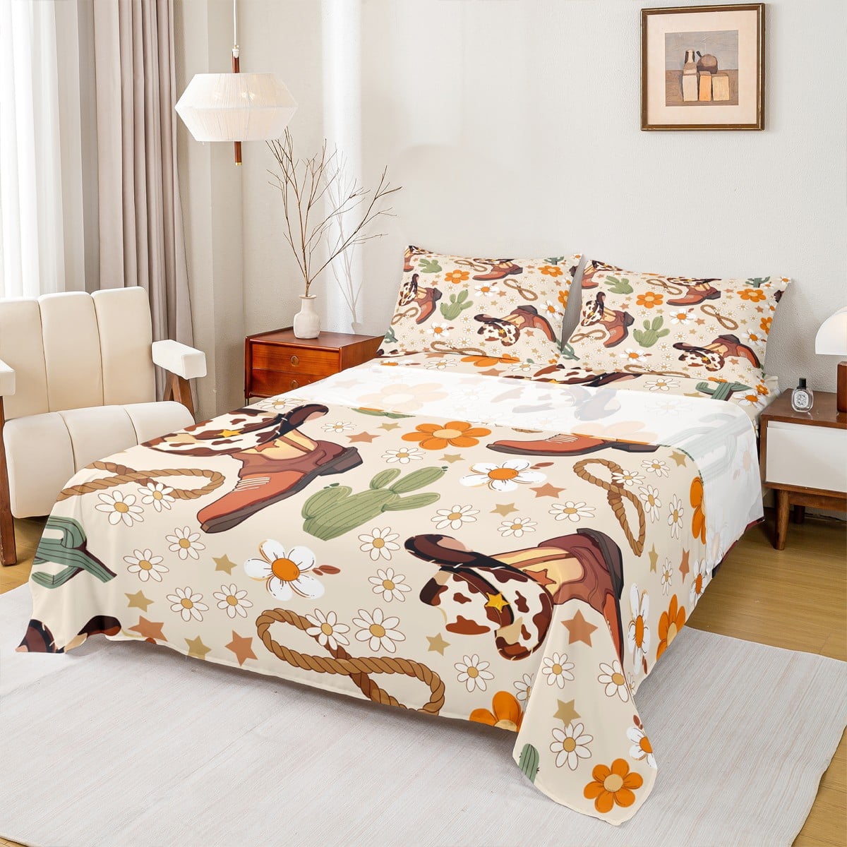Manfei Cartoon Groovy Daisy Full Size Sheets, Rustic Cowgirl Cowboy Bed ...