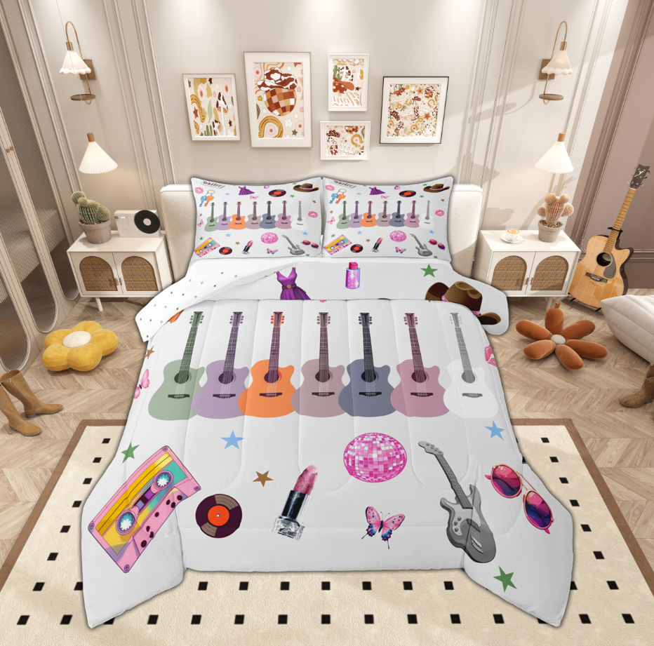 Manfei 3 Pieces Cartoon Guitar Queen Comforter Set, Pop Disco Theme ...