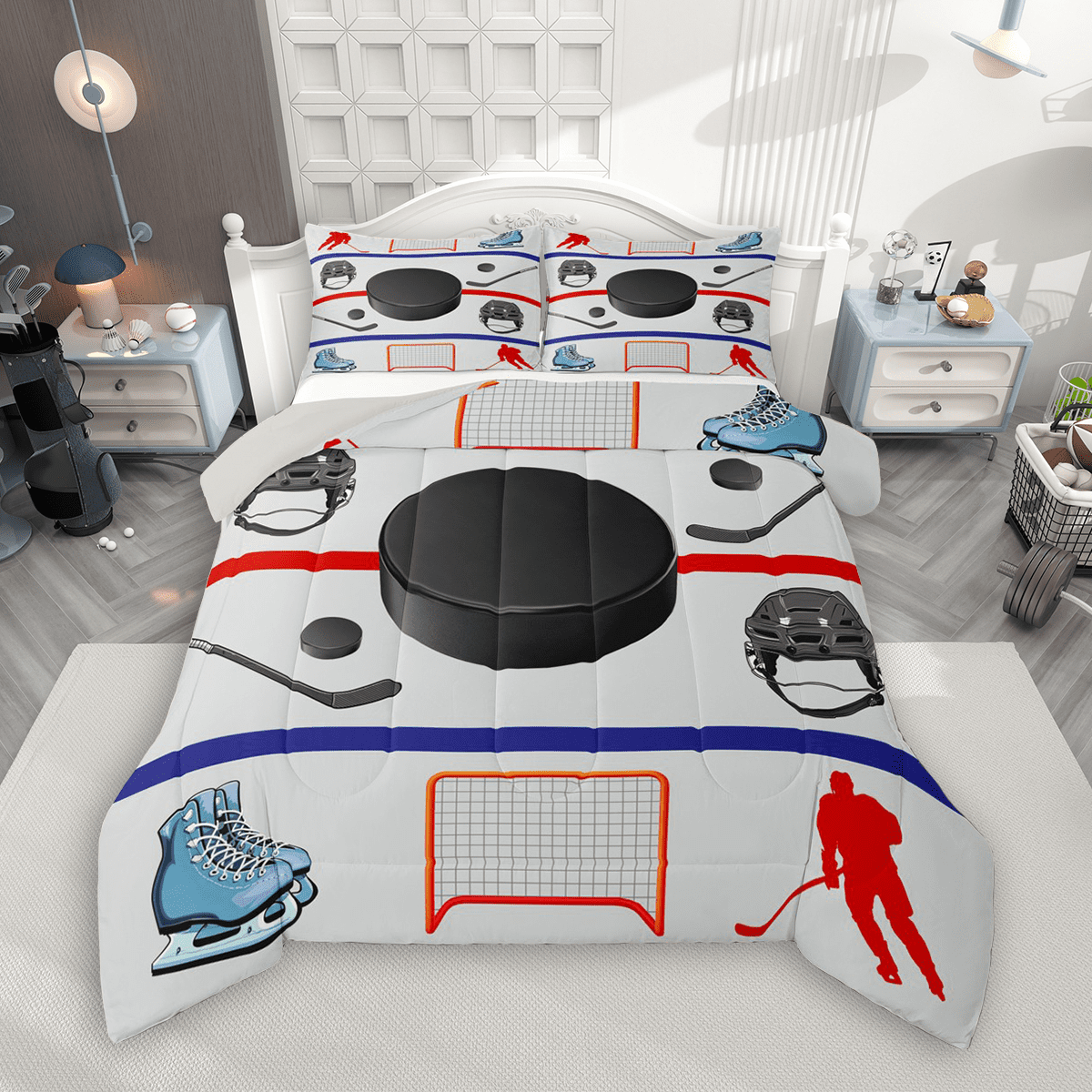 Manfei Cartoon Hockey Full Size Comforter Sets 3-Piece, Ice Hockey Rink ...