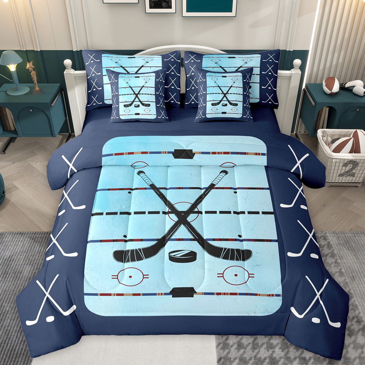 Manfei Cartoon Ice Hockey Bedding Comforter Set 7pcs, Blue Stripes ...