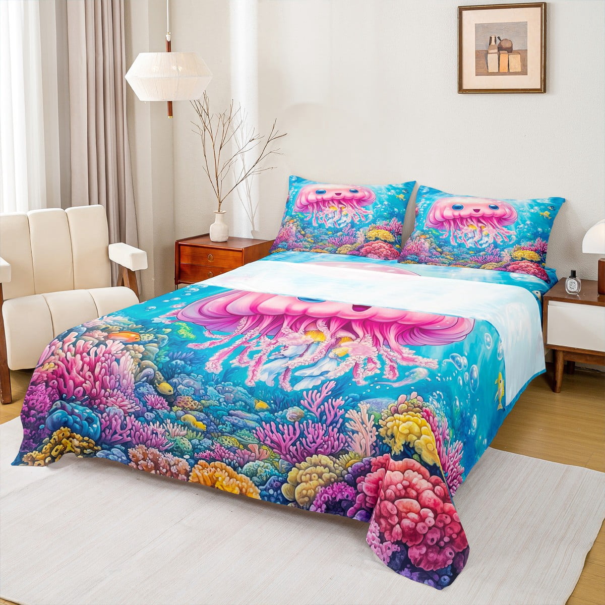 Manfei Cartoon Jellyfish Full Size Sheets,Colorful Ocean Coral Bed ...