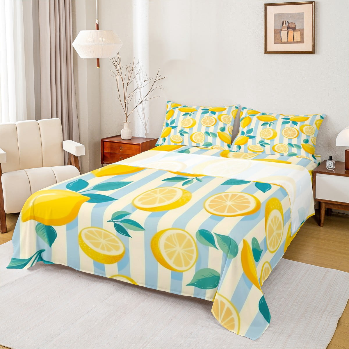 Manfei Cartoon Lemon Full Size Sheets for Teen, Blue Yellow Stripes Bed ...