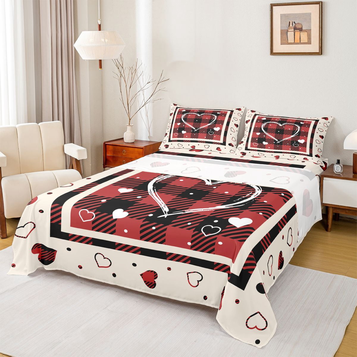 Manfei Cartoon Loves Pattern Queen Sheet Sets,Modern Geometric ...