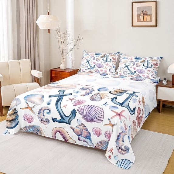 Manfei Cartoon Ocean Anchor Full Size Sheets, Kawaii Seashell Starfish ...