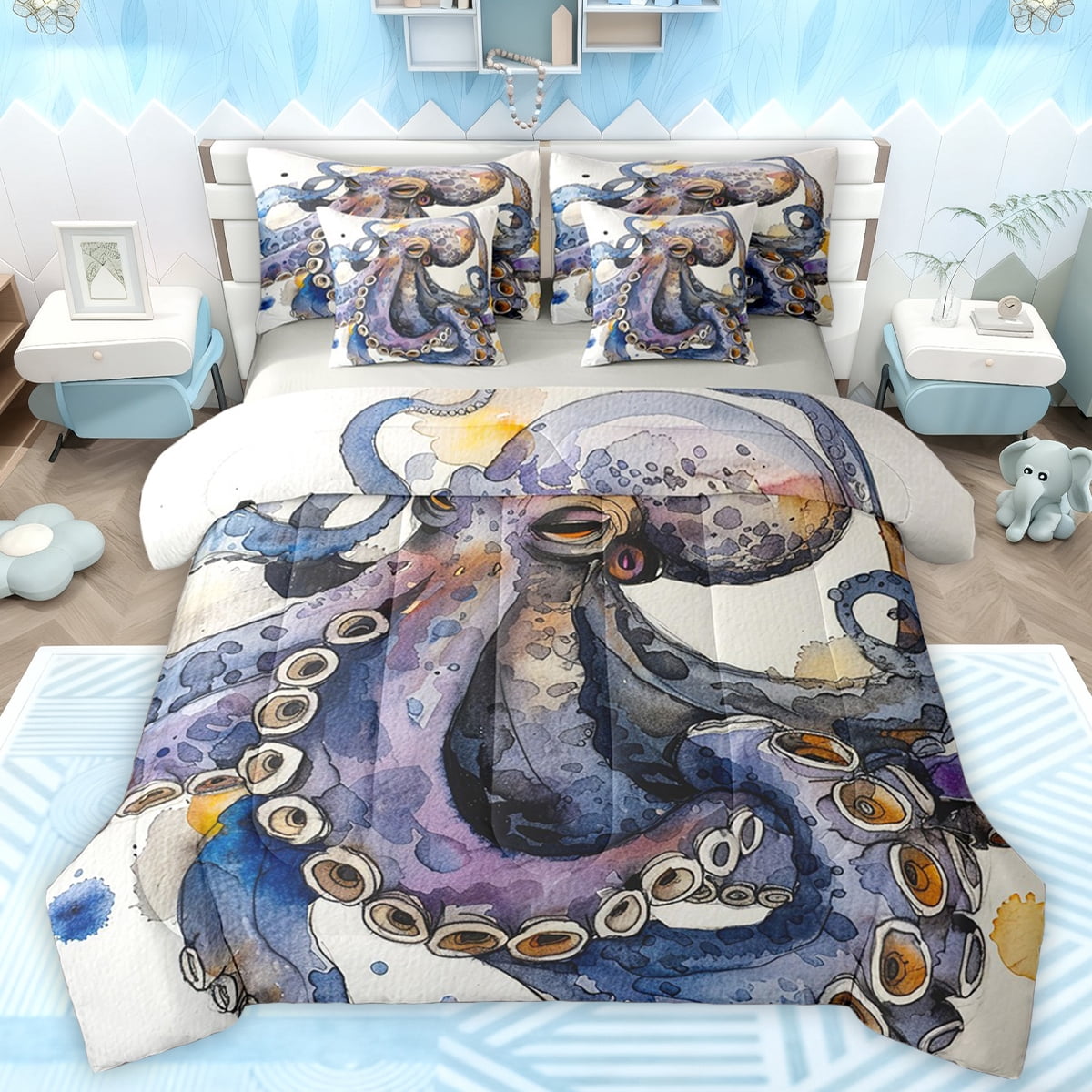 Manfei Cartoon Ocean Octopus Twin Bedding Sets 7-Piece for Kids, Art ...
