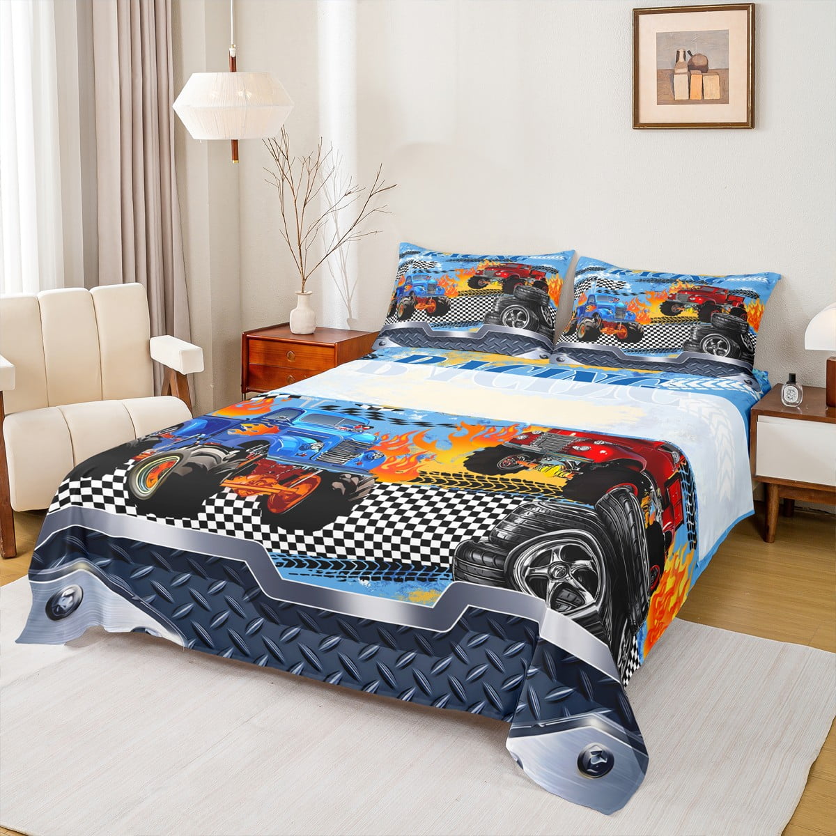 Manfei Cartoon Off Road Queen Sheet Sets,Extreme Speed Truck Flat Sheet ...